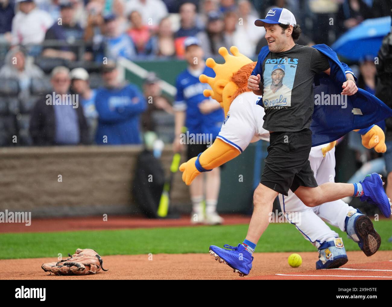 MAY 31, 2024:Paul Rudd races Jeremy Guthrie to home plate in the "Big ...