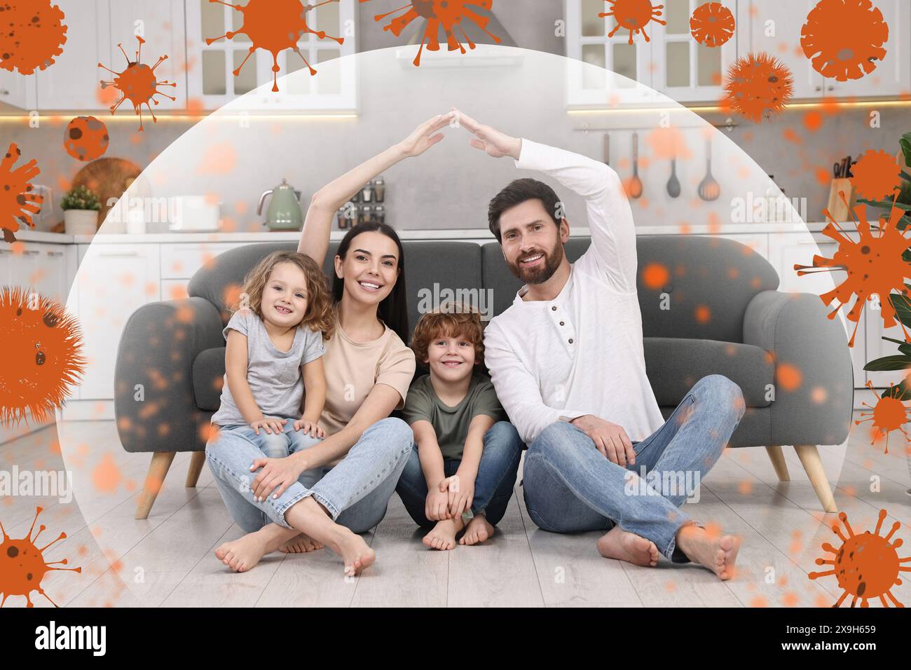 Happy family with strong immunity at home. Bubble around them blocking ...