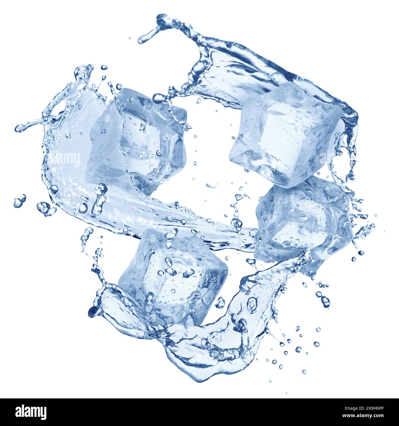 Ice cubes and splashing water in air on white background Stock Photo ...