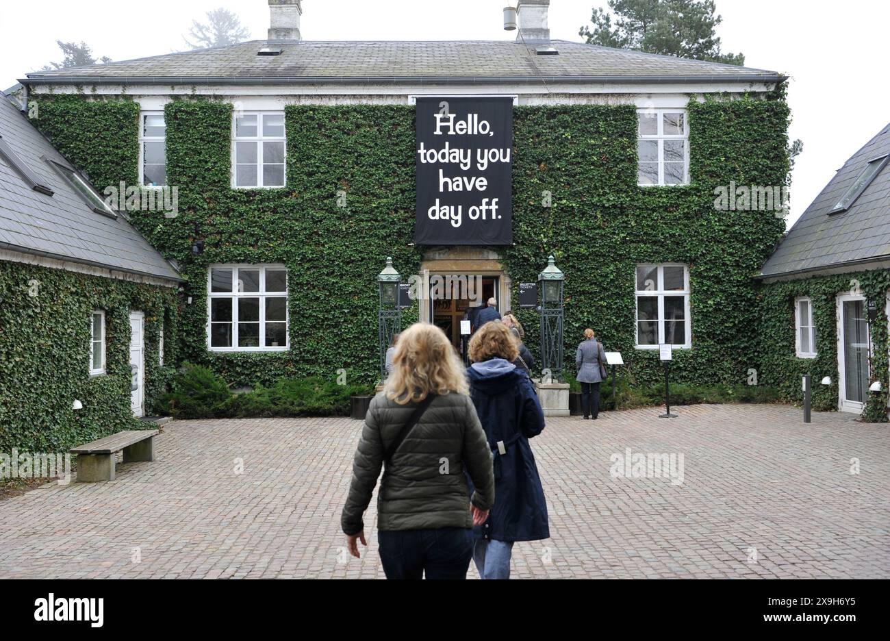 Entrance with sign at the Louisiana Musem of Modern Art near Copenhagen ...