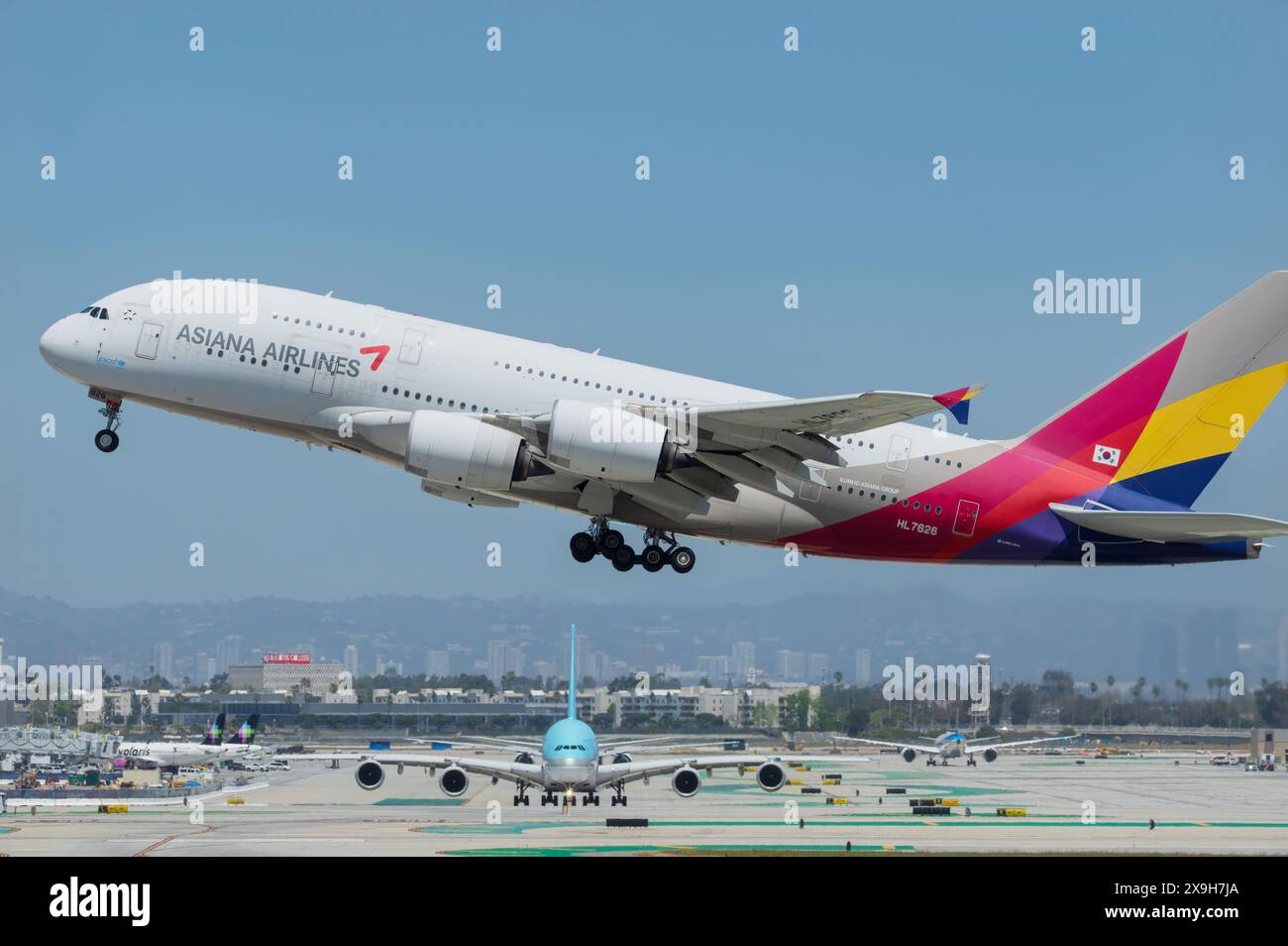 Asiana Airlines Airbus A380 with registration HL7626 shown taking off ...