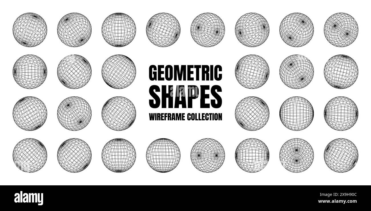 Wireframe shapes, lined sphere. Perspective mesh, 3d grid. Low poly ...