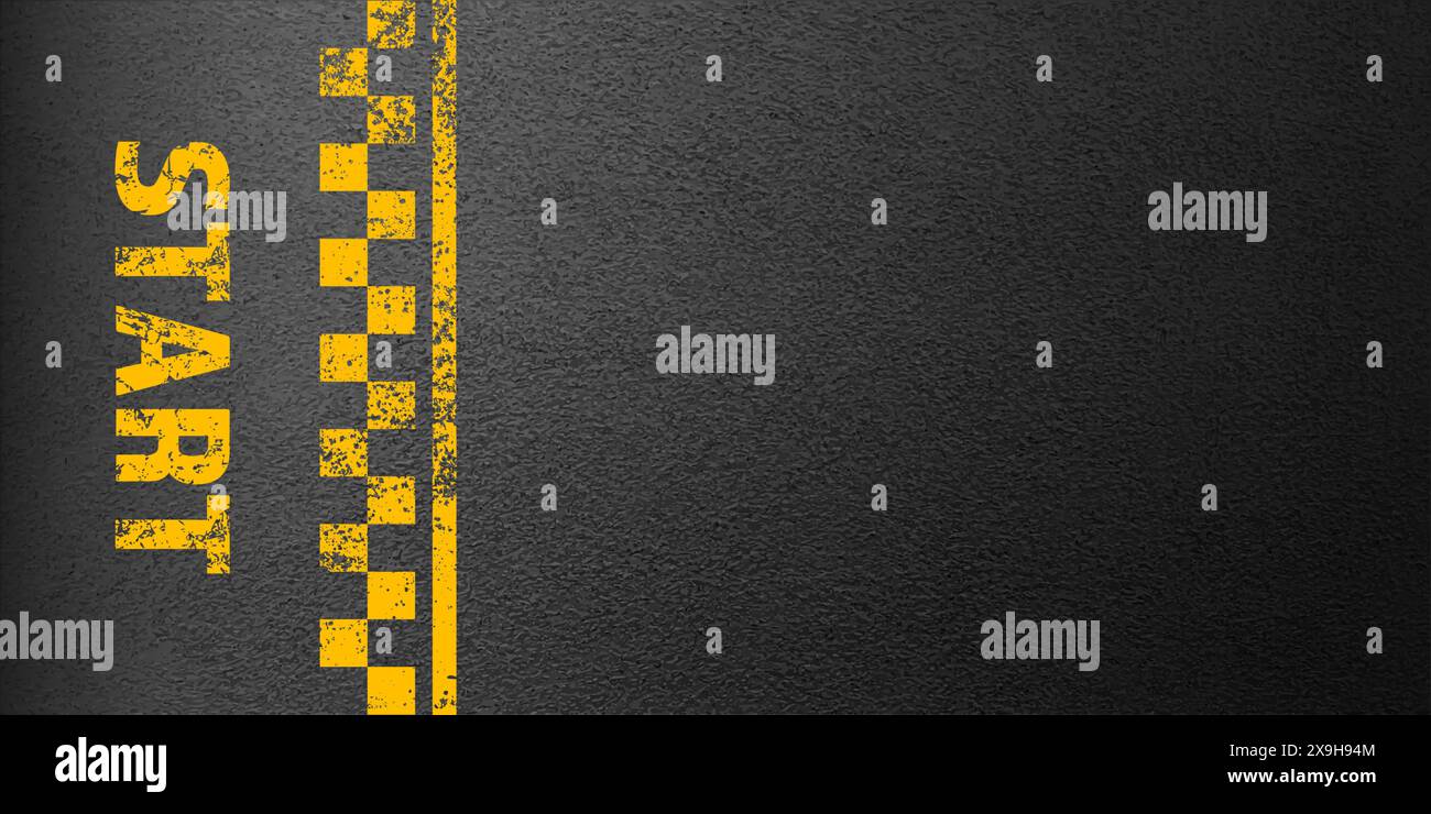 Asphalt road with yellow start line marking, concrete highway surface ...