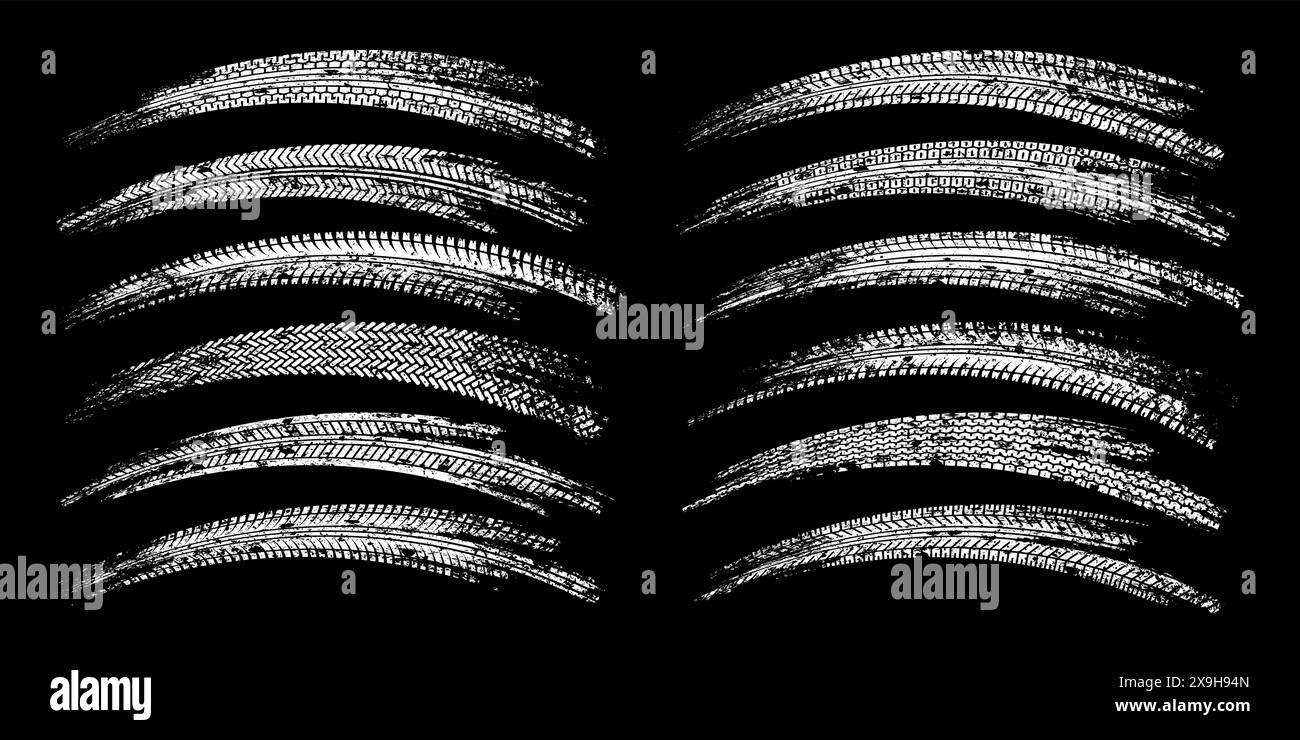 Grunge tire tracks, wheel braking marks. Truck, car or motorcycle tread ...