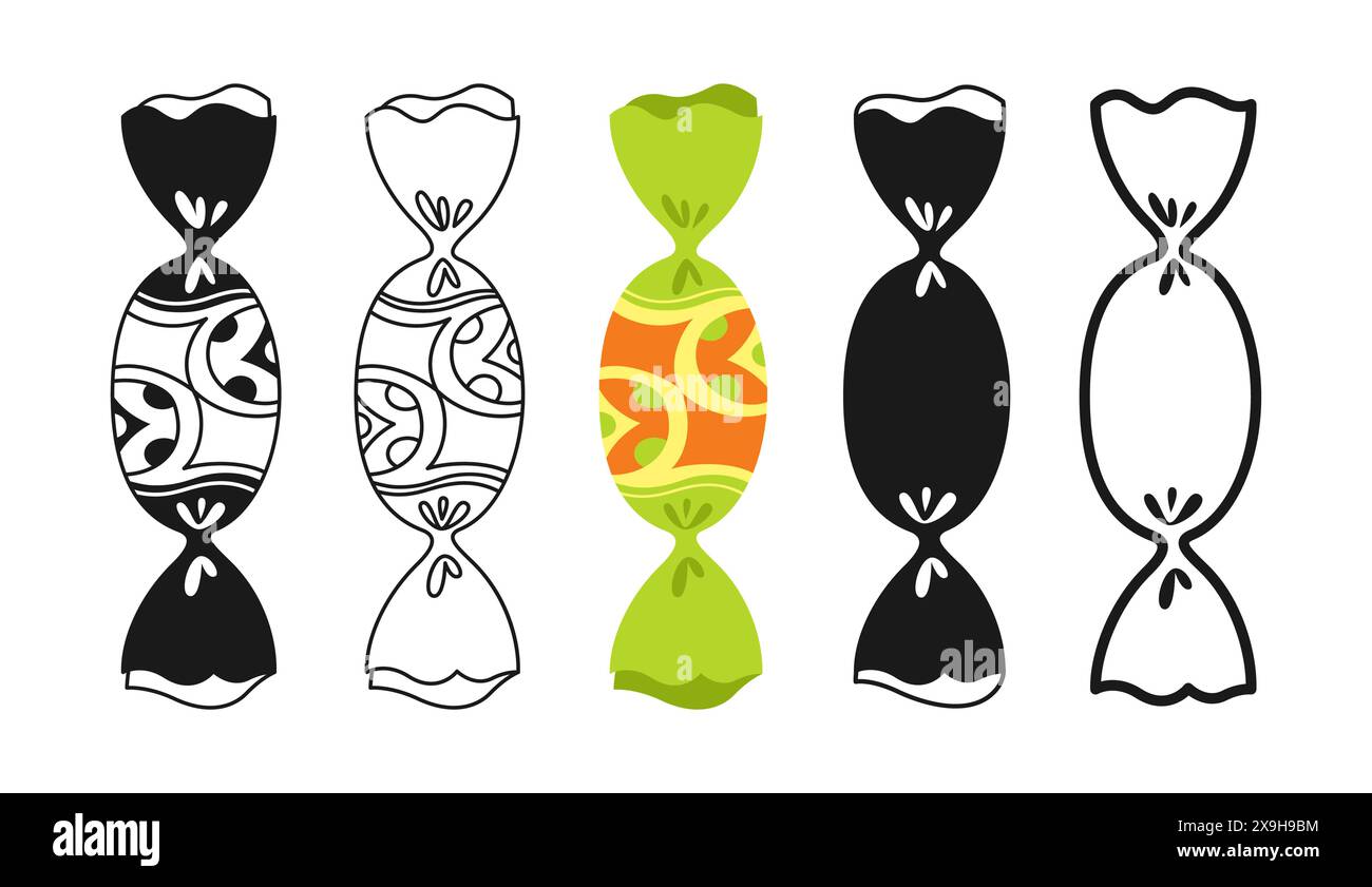 Candy with ornament wrapped sign set. Sweets bonbon lollipop chocolate ...