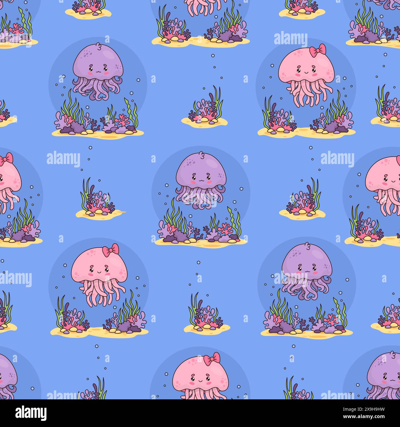 Seamless pattern with cute jellyfish boy and girl with underwater ...