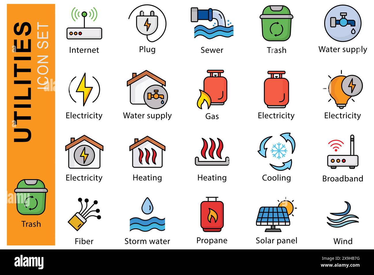 Utilities icon set. Electricity, Water supply, Propane, and more ...