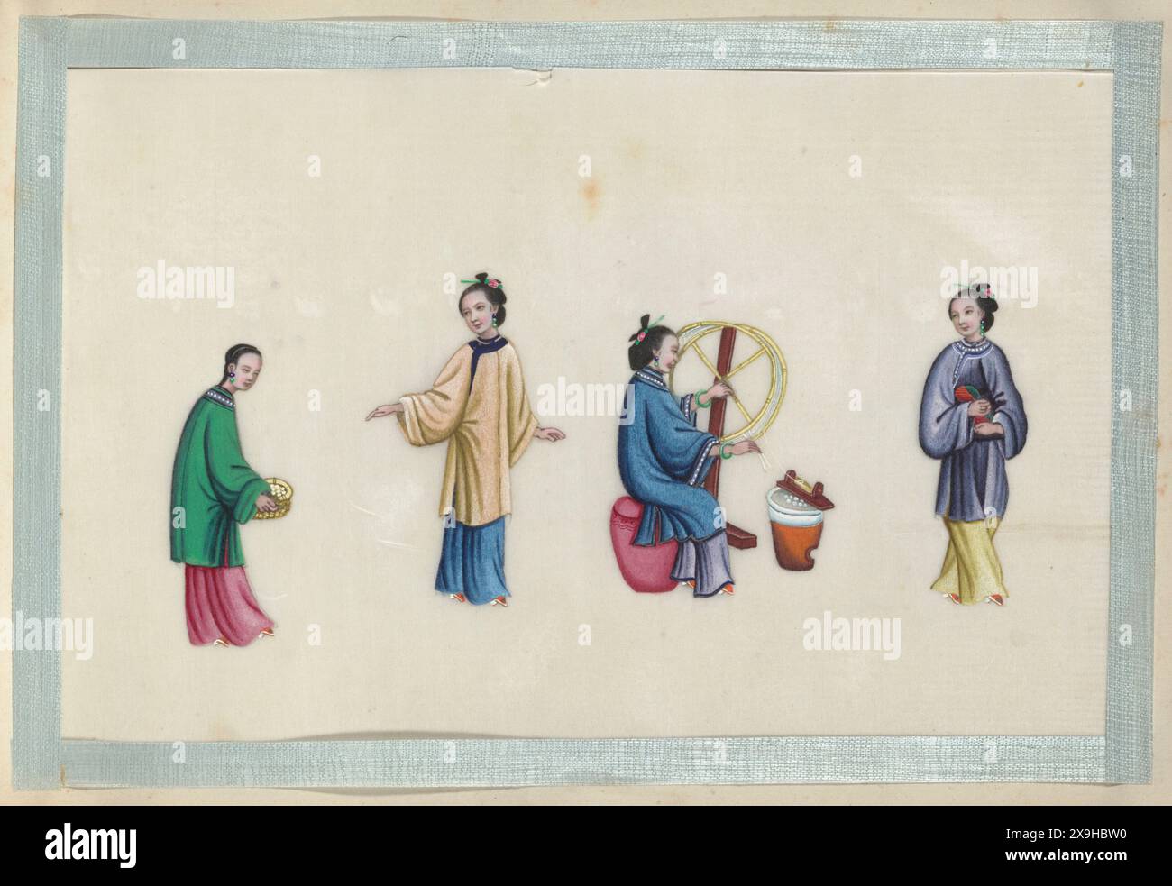 Original painting on pith paper of Chinese silk production, part of the ...