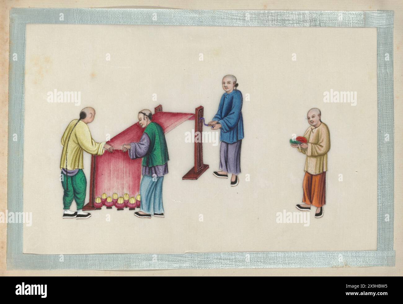 Original painting on pith paper of Chinese silk production, part of the ...