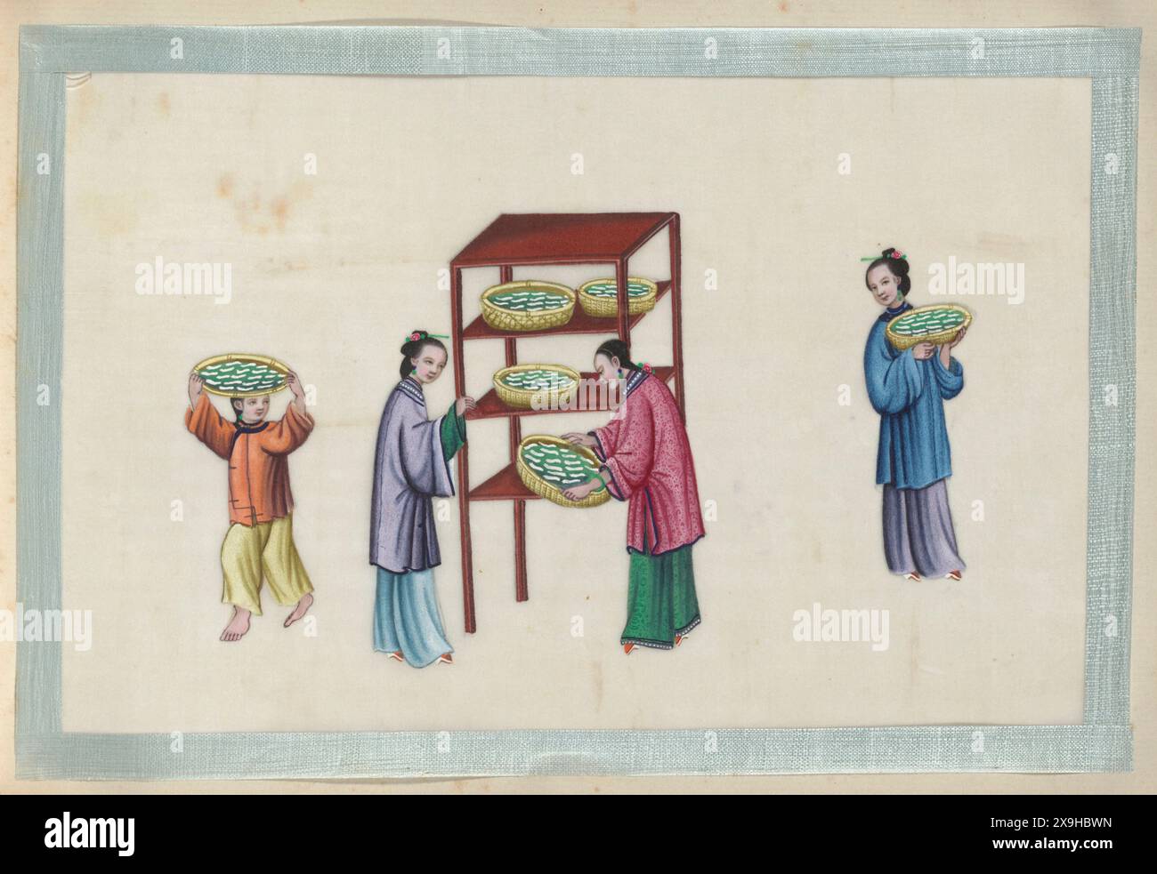 Original painting on pith paper of Chinese silk production, part of the ...