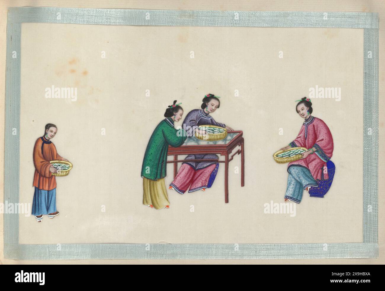 Original painting on pith paper of Chinese silk production, part of the ...