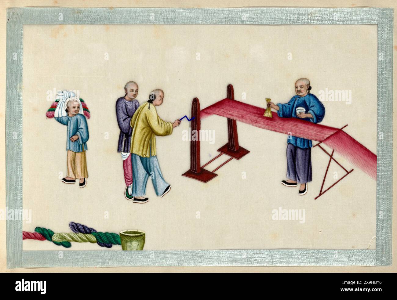 Original painting on pith paper of Chinese silk production, part of the ...