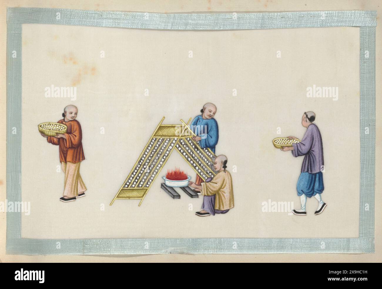 Original painting on pith paper of Chinese silk production, part of the ...
