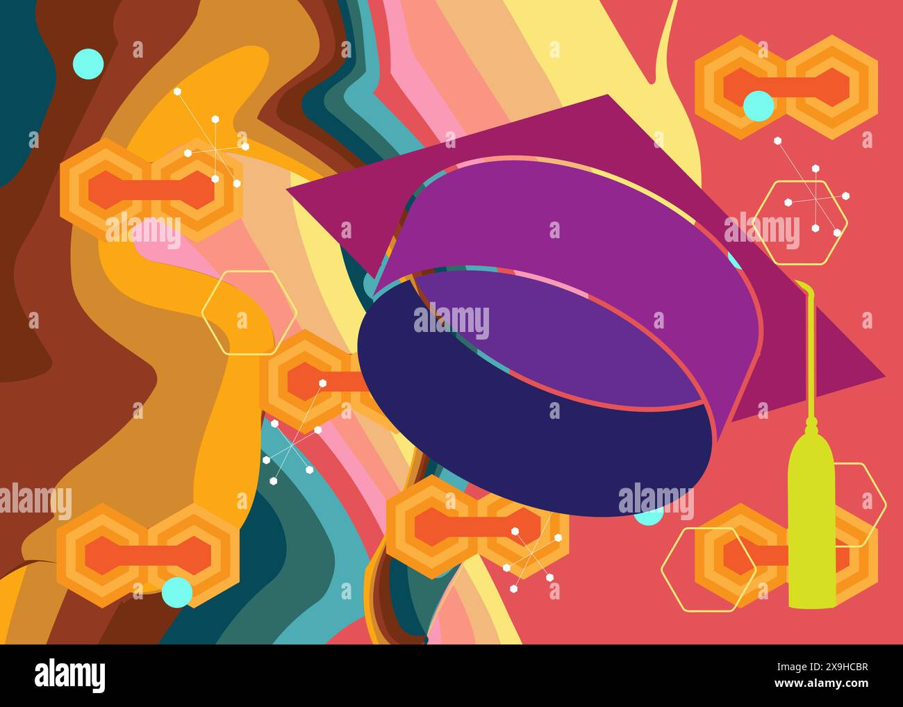 Retro 70s Background with Graduation Cap, mortar board. Groovy ...