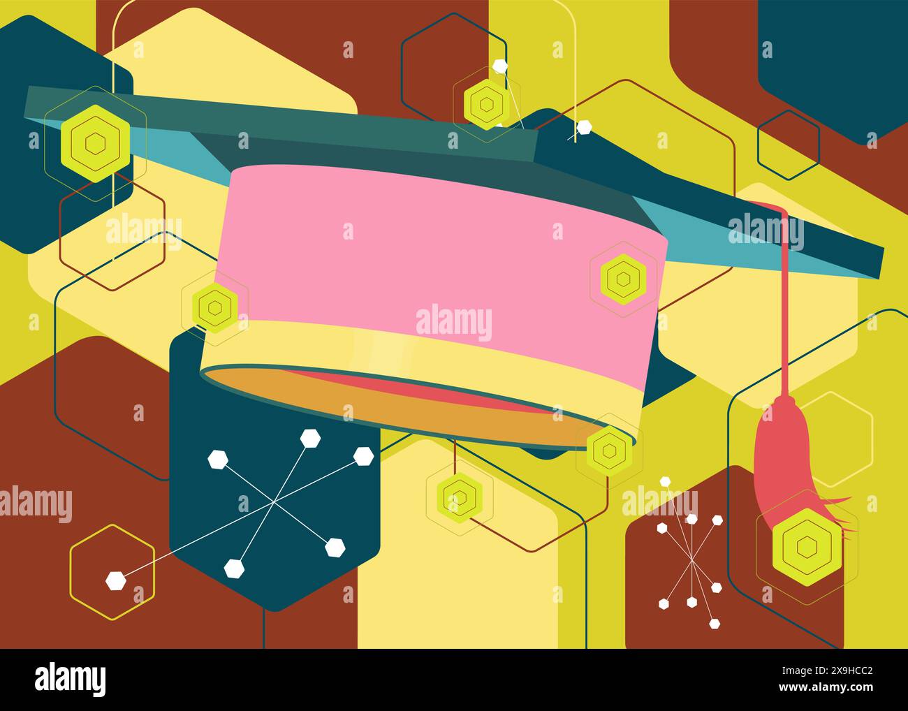 Retro 70s Background with Graduation Cap, mortar board. Groovy ...