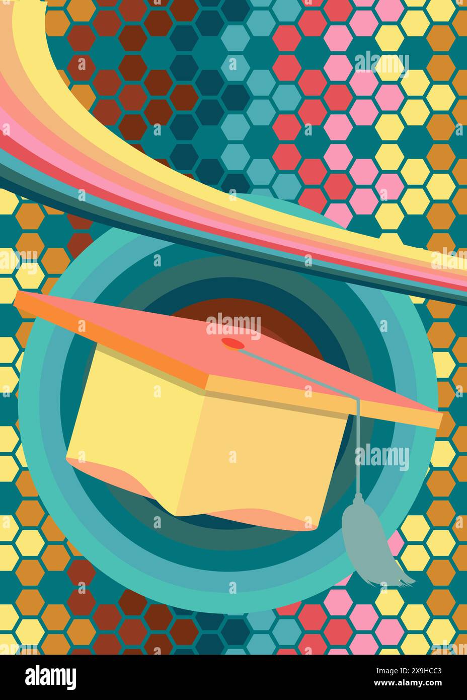 Retro 70s Background with Graduation Cap, mortar board. Groovy ...