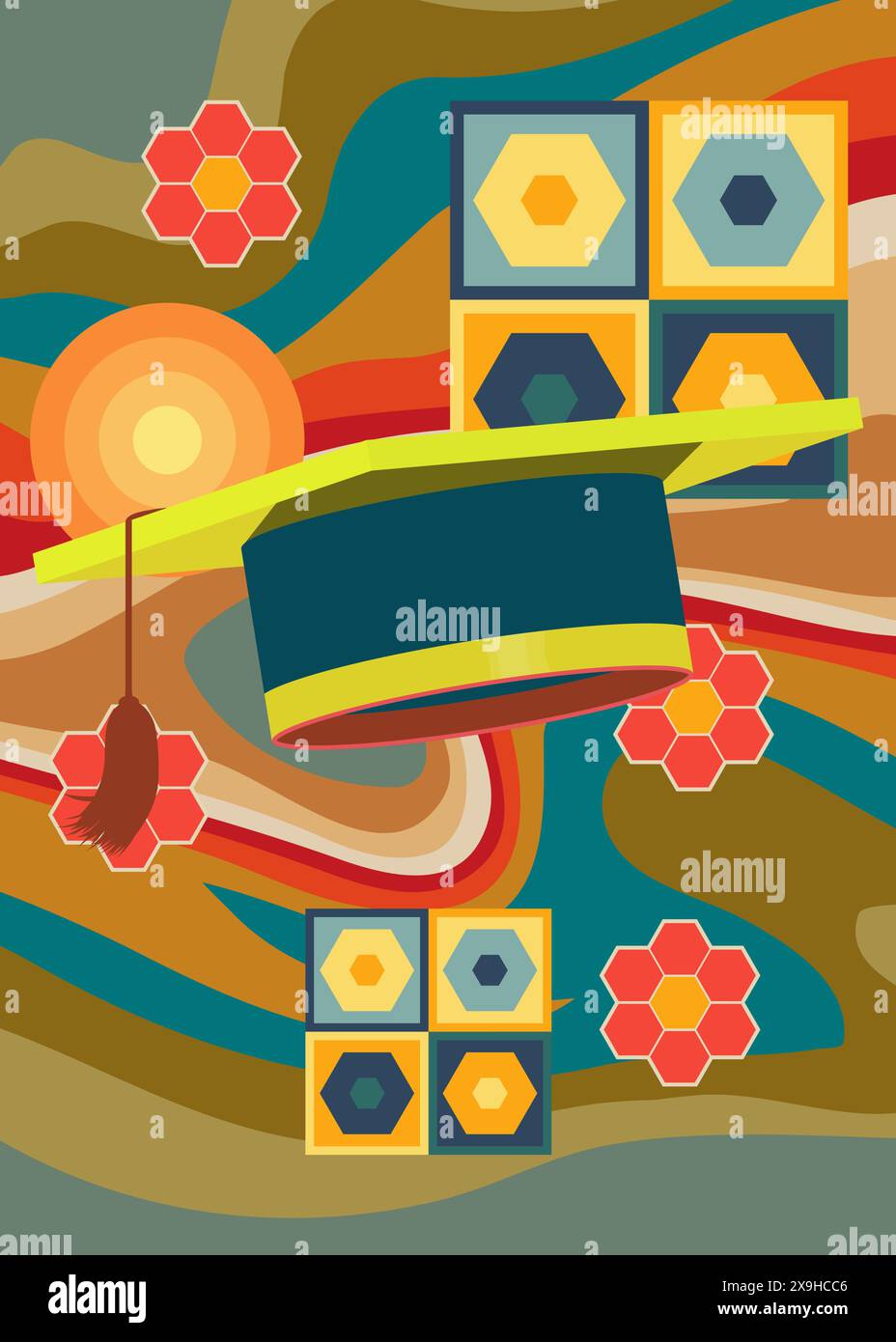 Retro 70s Background with Graduation Cap, mortar board. Groovy ...