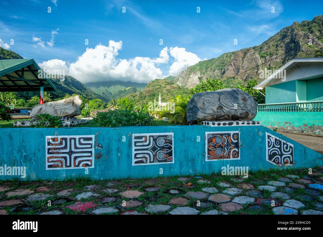 Decorative artwork in the small scenic village of Omoa, Fatu Iva ...