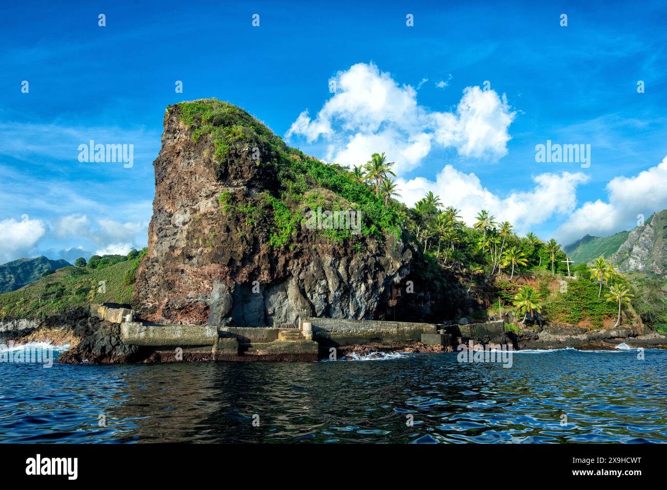 Entrance of Omoa port, a small scenic village in Fatu Iva, Marquesas ...