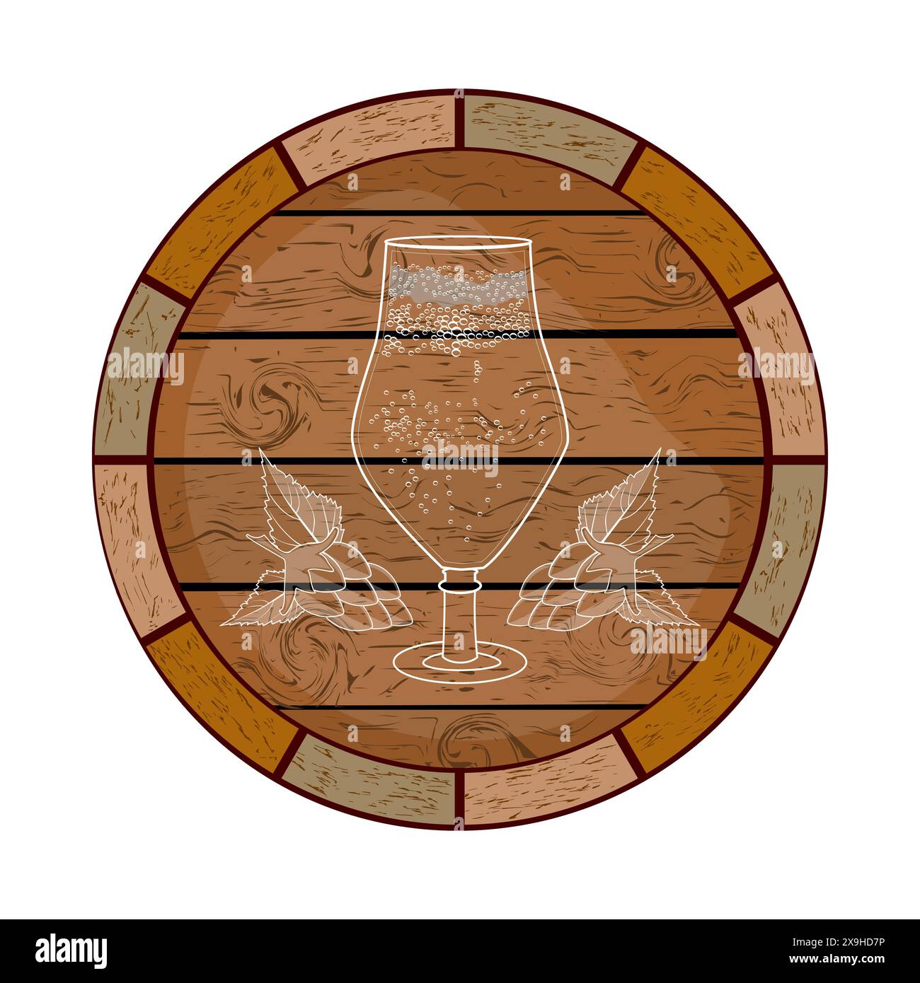 Round barrel cap with beer glass and hop sign isolated on white ...