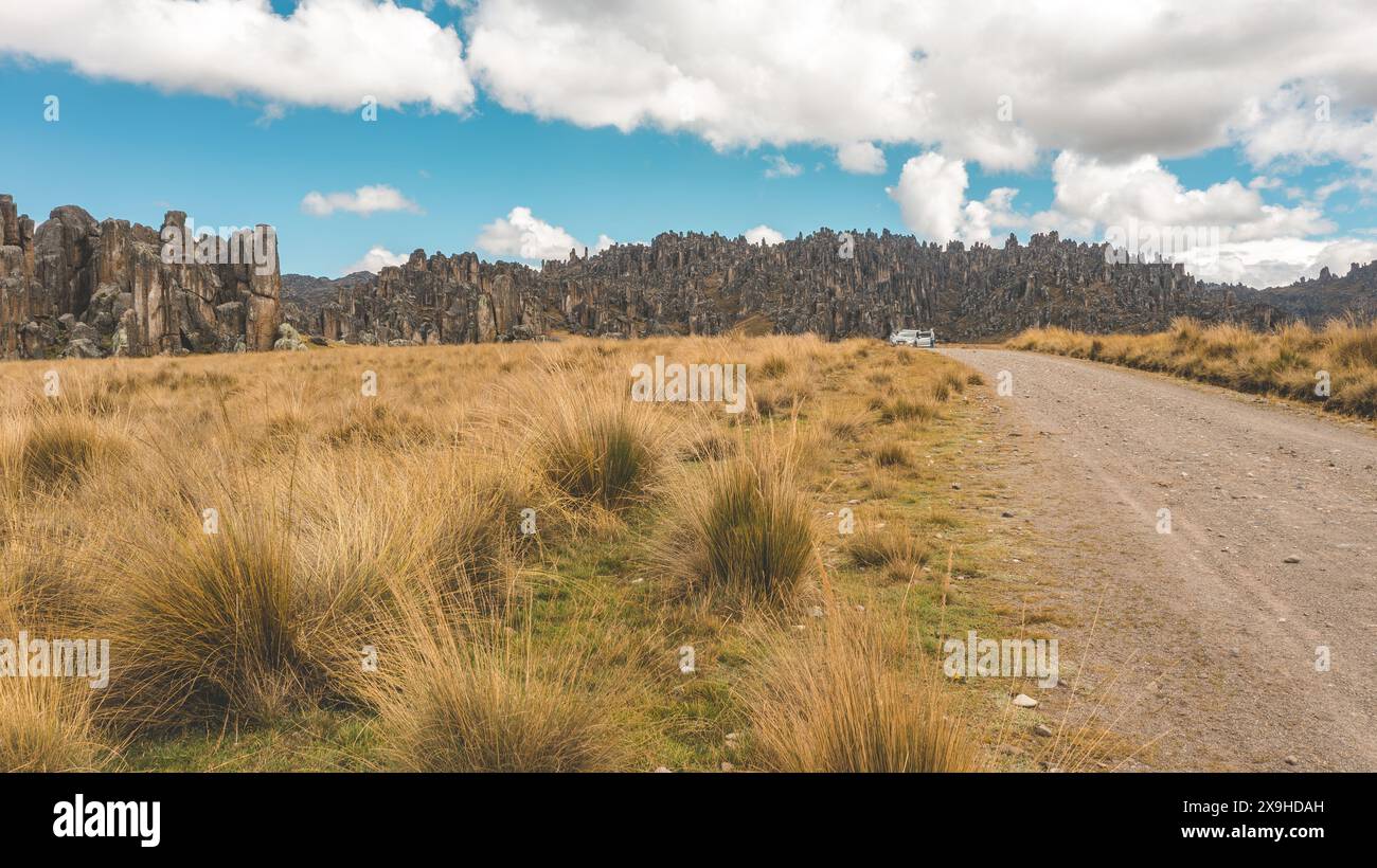 Road of the Huayllay Stone Forest, rocks eroded by the wind over the ...