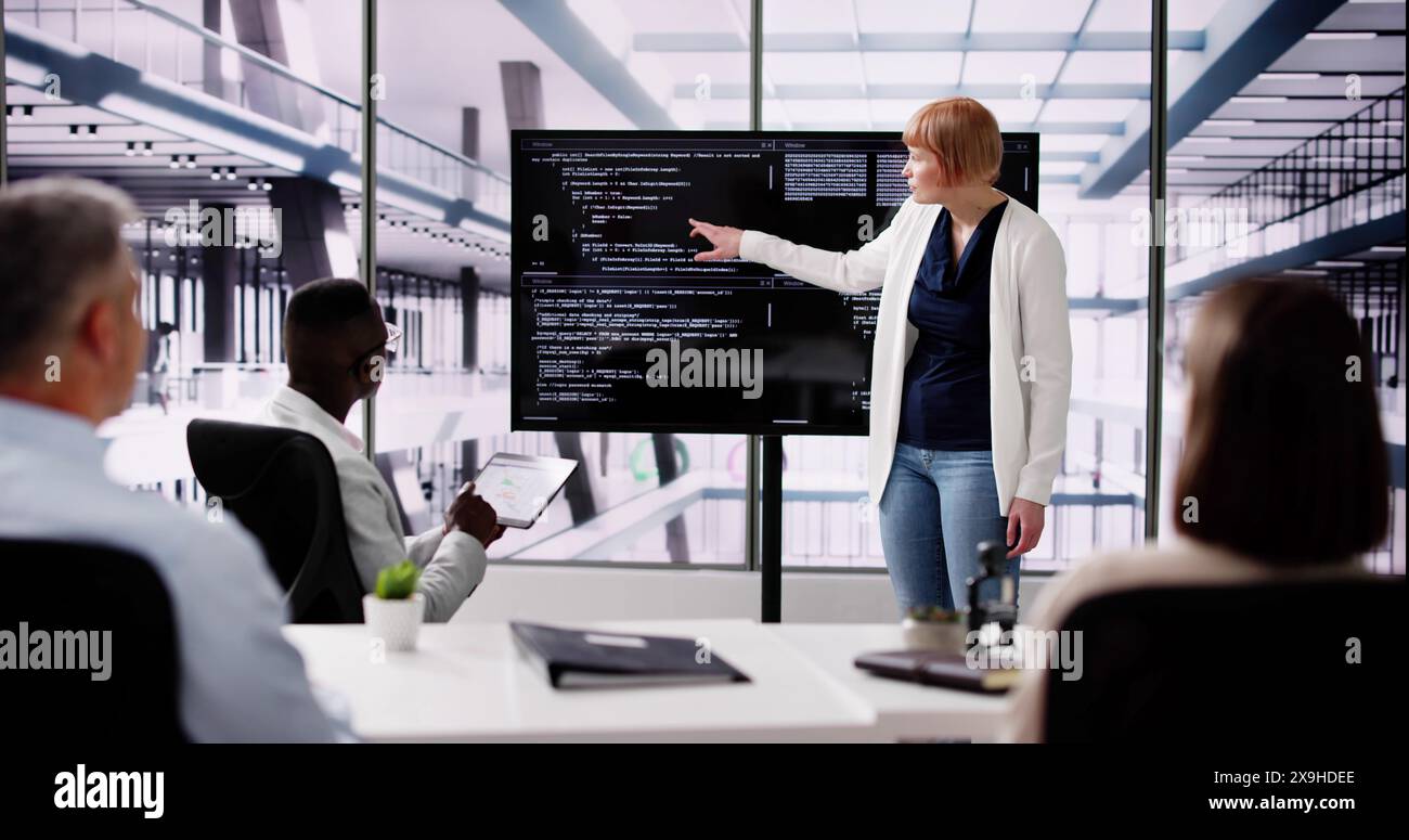 Programmer Team Meeting With TV Screen In Office. Diverse Developers ...