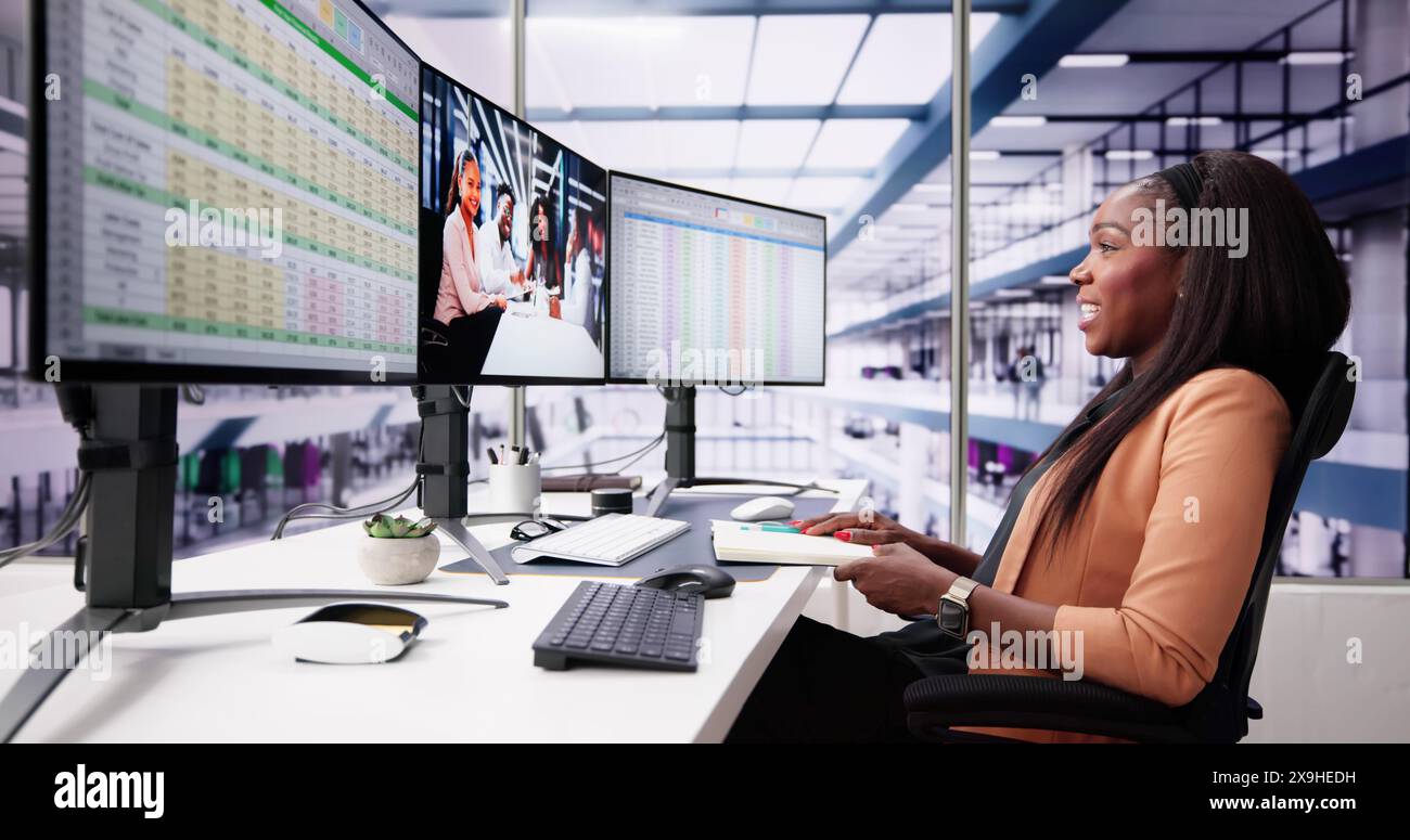 African Woman Video Conference Business Call On Computer Screen Stock ...