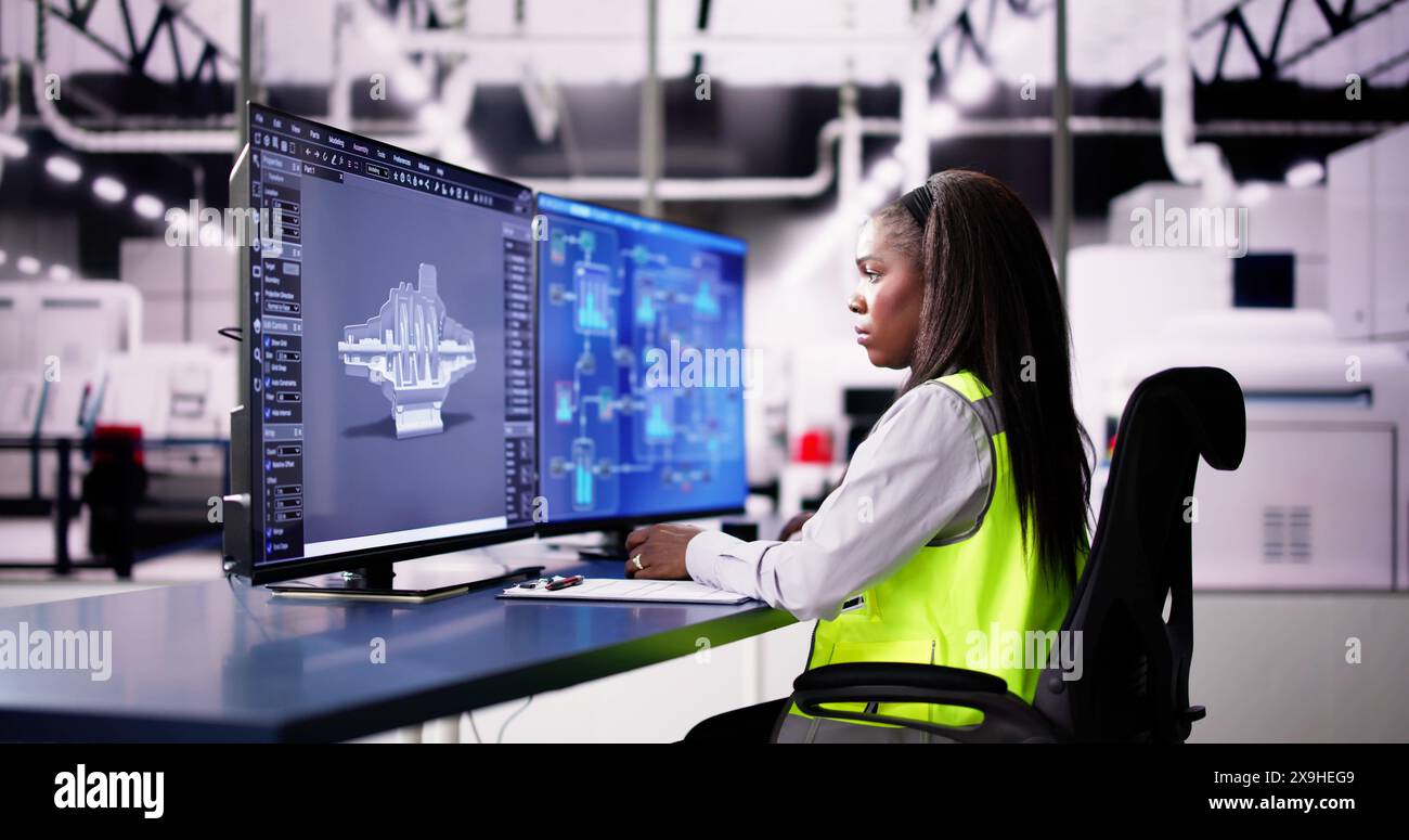 Engineer Doing 3D CAD Model Design On Computer At Factory Stock Photo ...