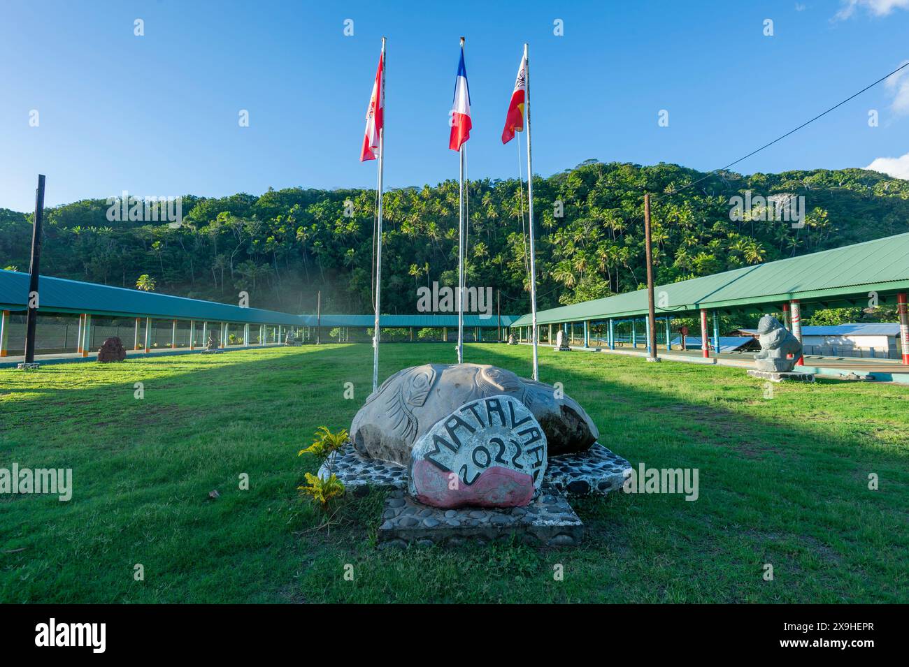 View of ceremonial grounds in the small village of Omoa in Fatu Iva ...