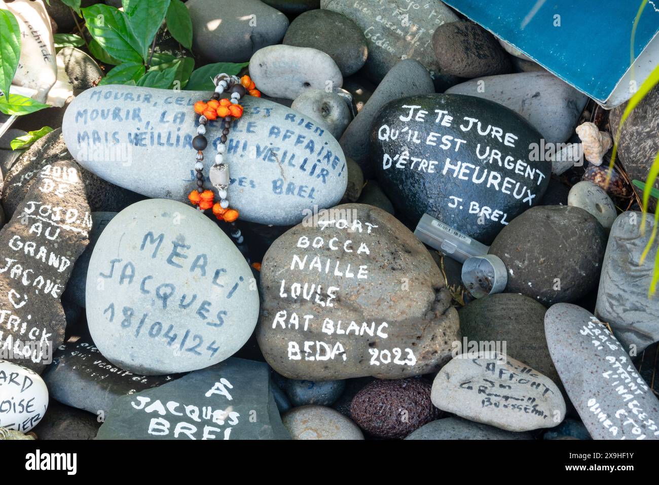 Stones with inscriptions on Jacques Brel's grave at Atuana cemetery ...