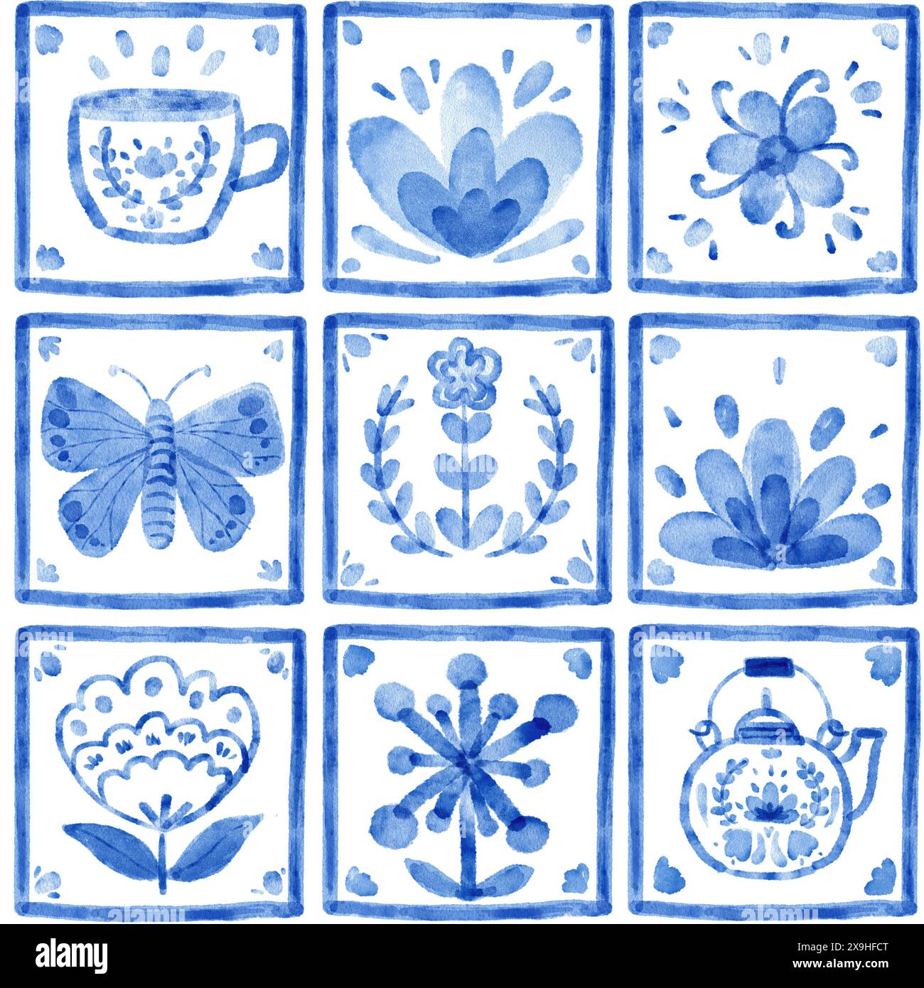 Blue ceramic tiles with flowers, plant. Seamless pattern, digital paper ...
