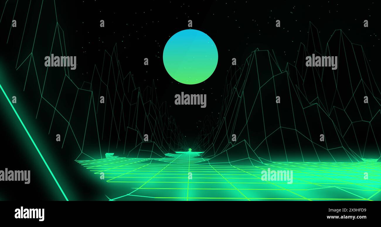 Image of metaverse with digital sun and mountains on black background ...