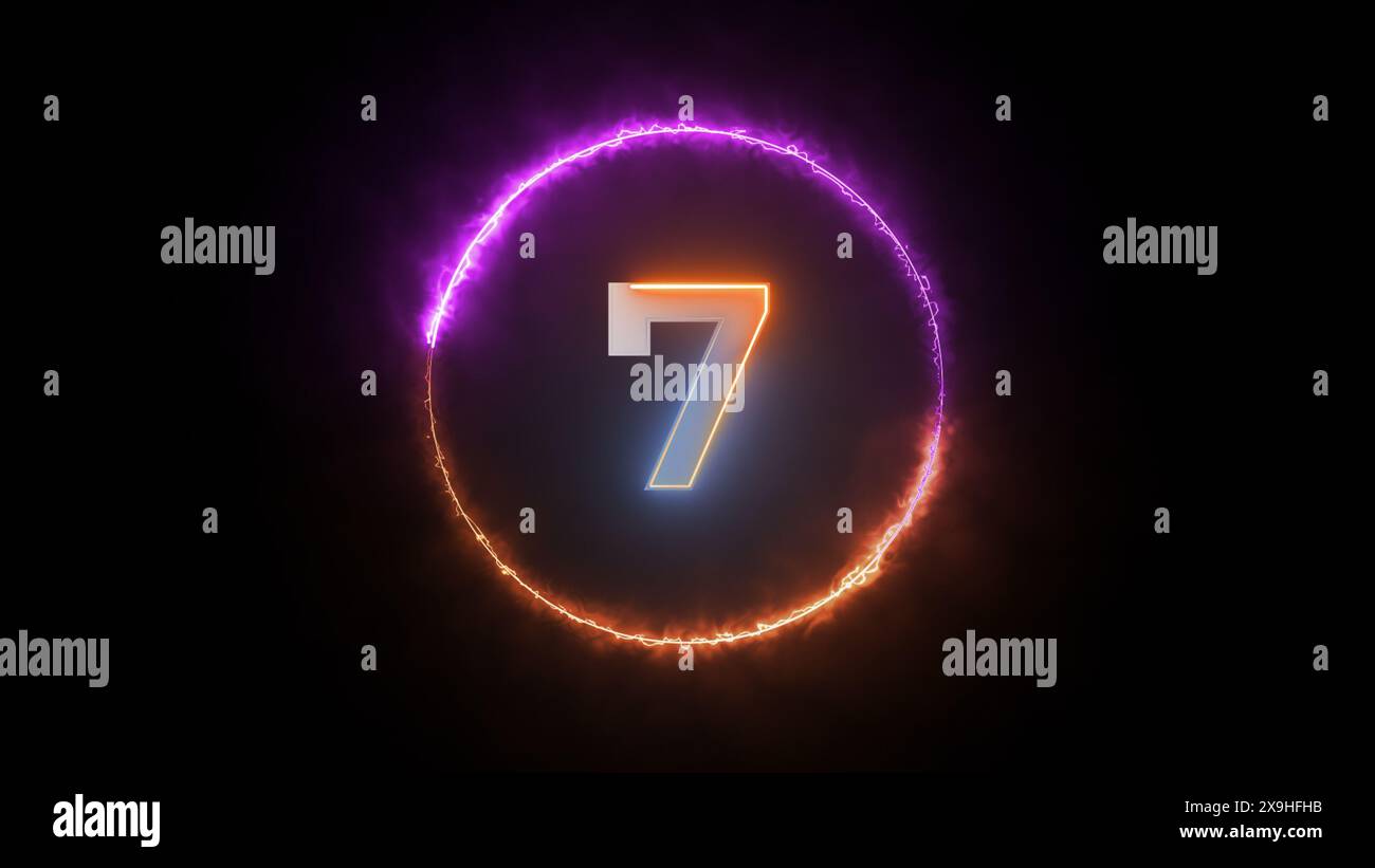 A vibrant, neon-like number seven is displayed in the center of a ...