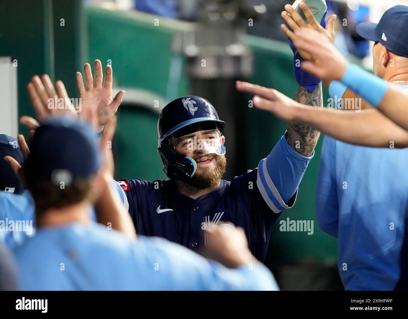 MAY 31, 2024: Kansas City Royals outfielder Kyle Isbel (28) celebrates ...