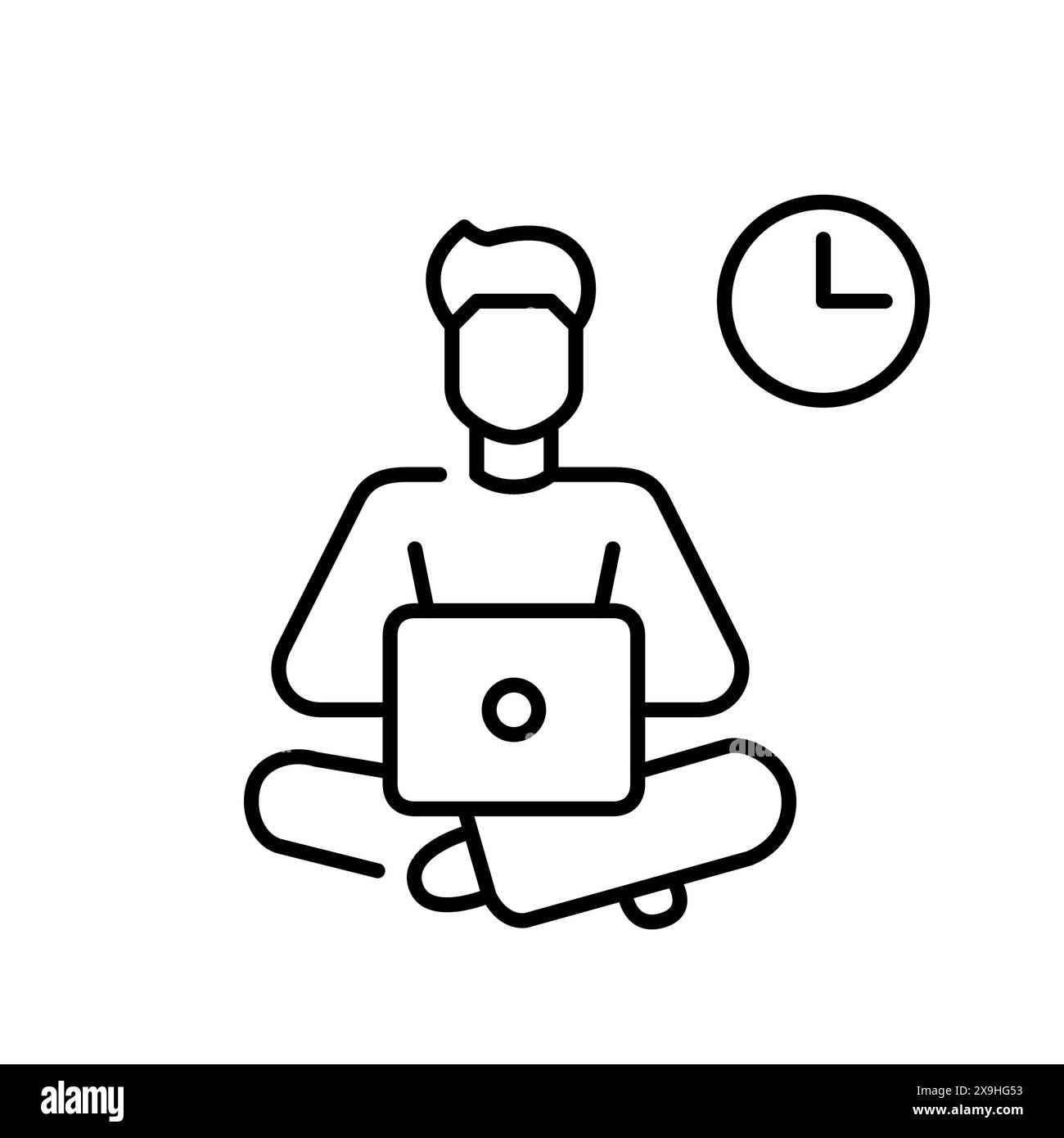 Young man working or studying at laptop, clock symbol. Time management ...