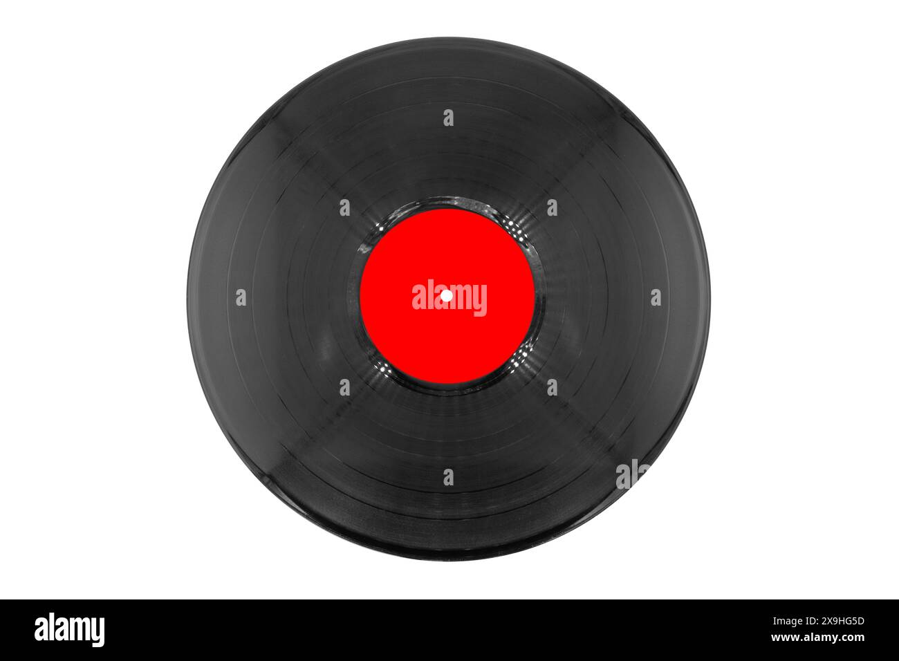 Vinyl record disc with red label isolated over a white background ...