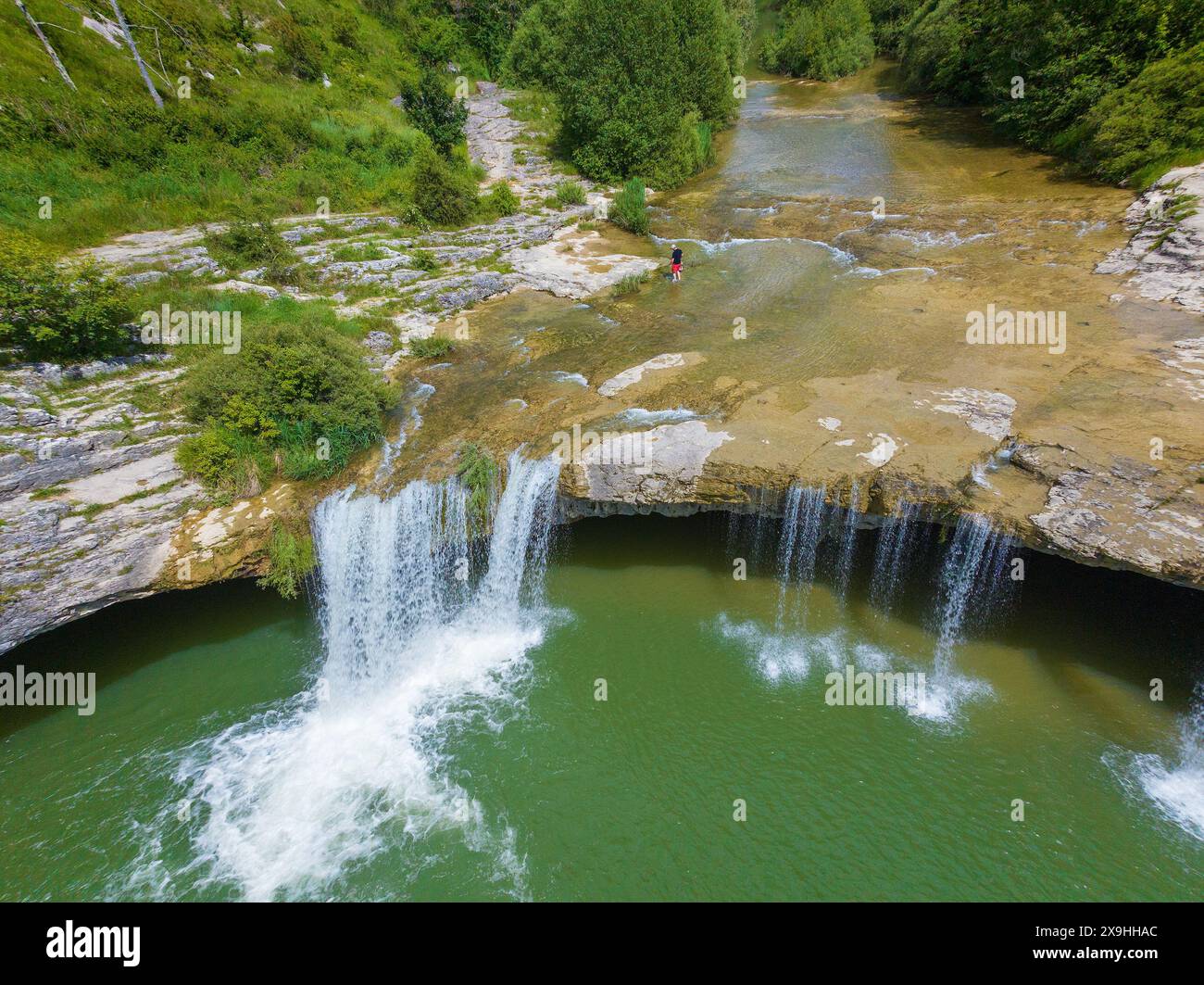 Aerial view of the Zarecki krov waterfall in River Pazincica, Croatia ...