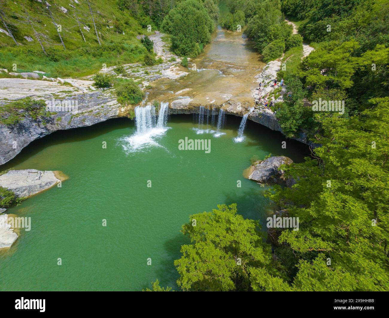 Aerial view of the Zarecki krov waterfall in River Pazincica, Croatia ...