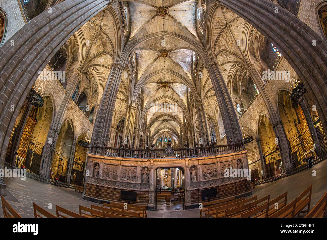 BARCELONA, SPAIN-APRIL 14,2024:Interior of the gothic Cathedral of the ...