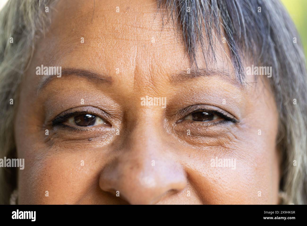 Outdoors, biracial senior woman smiling warmly with gentle eyes in ...