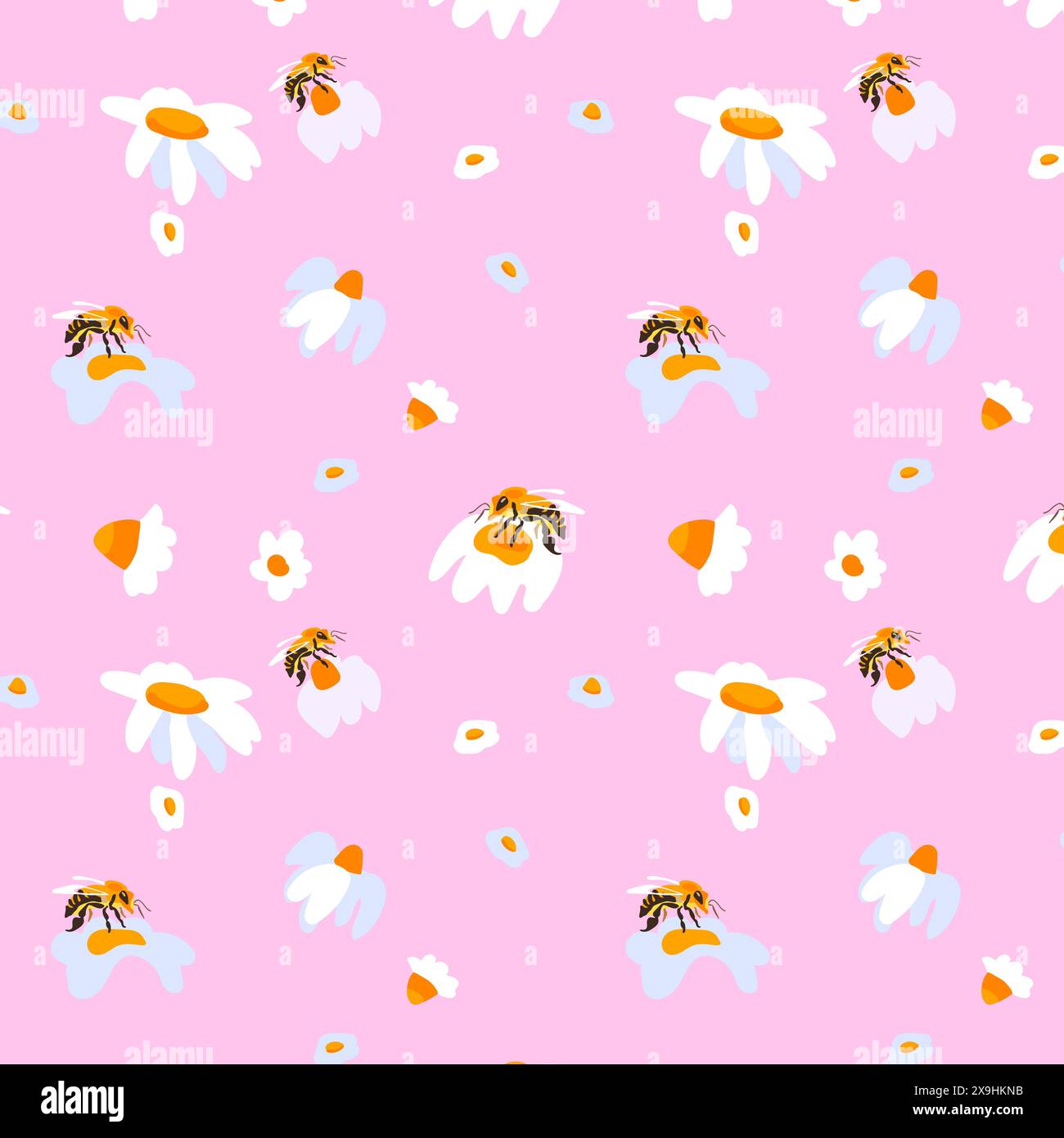 Seamless pattern white daisy bee Pink background wild flower postcard ...