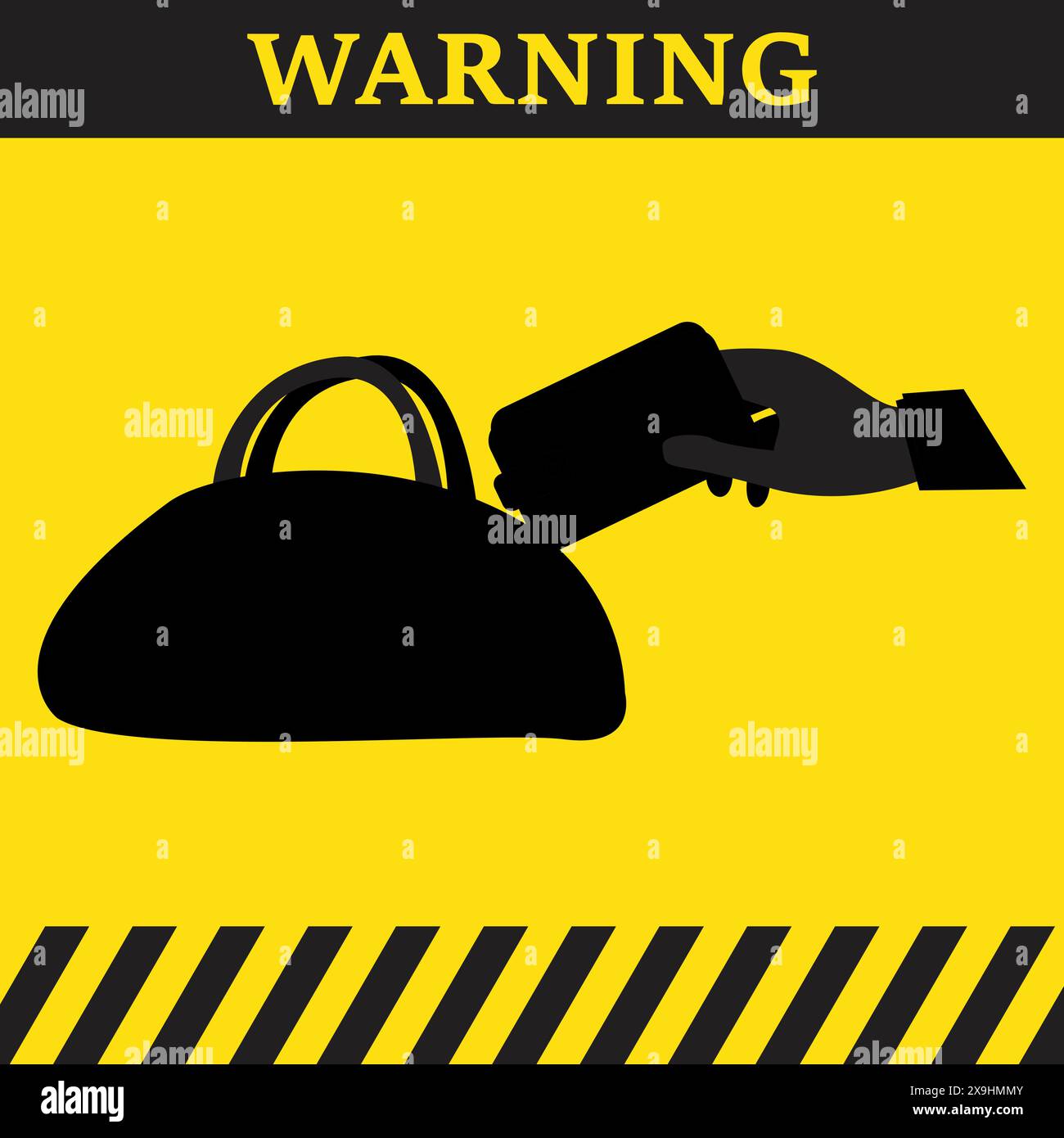 Warning symbol on yellow background with silhouette of a bag and a hand ...
