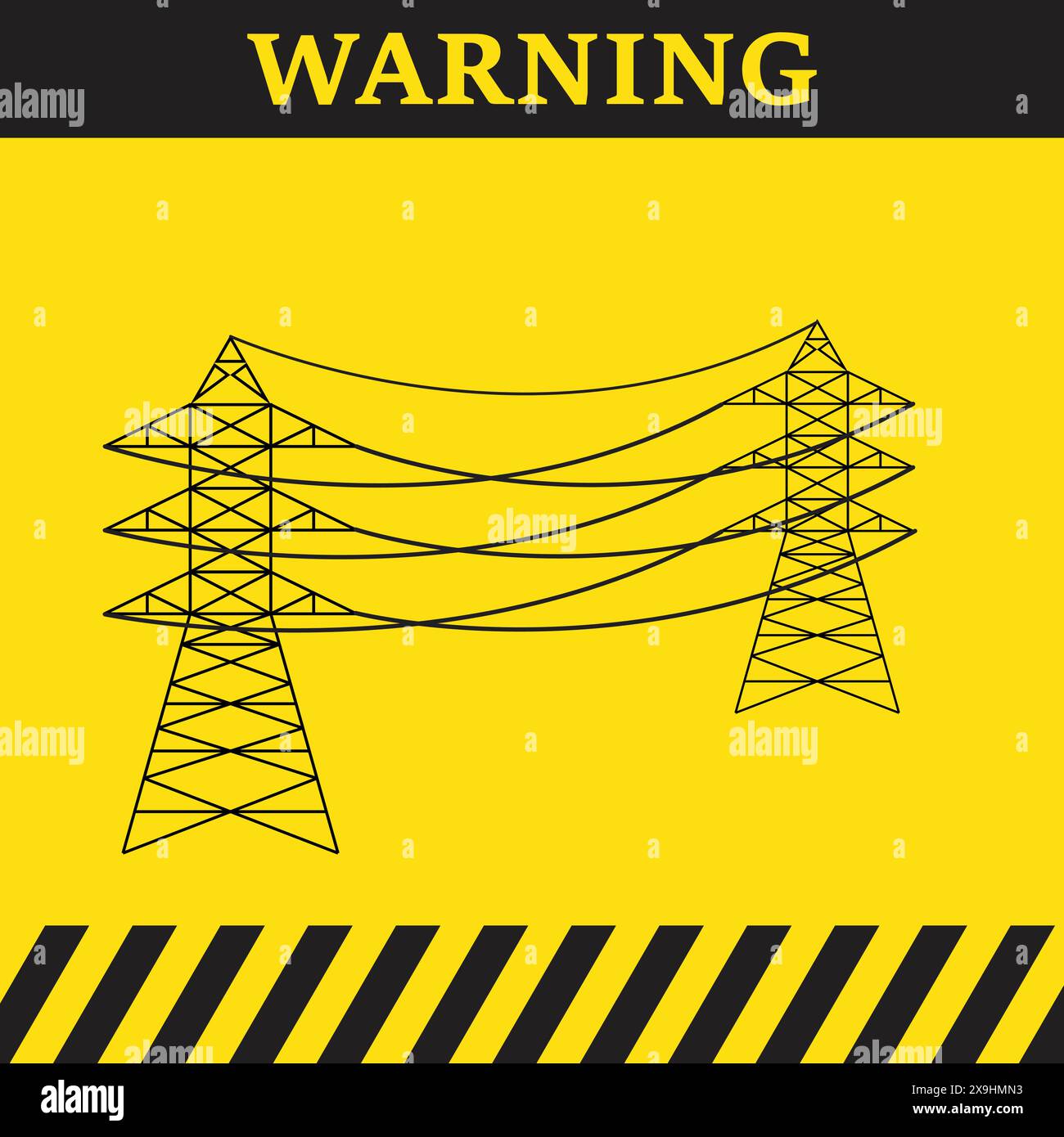Warning symbol on yellow background with power lines and electric ...