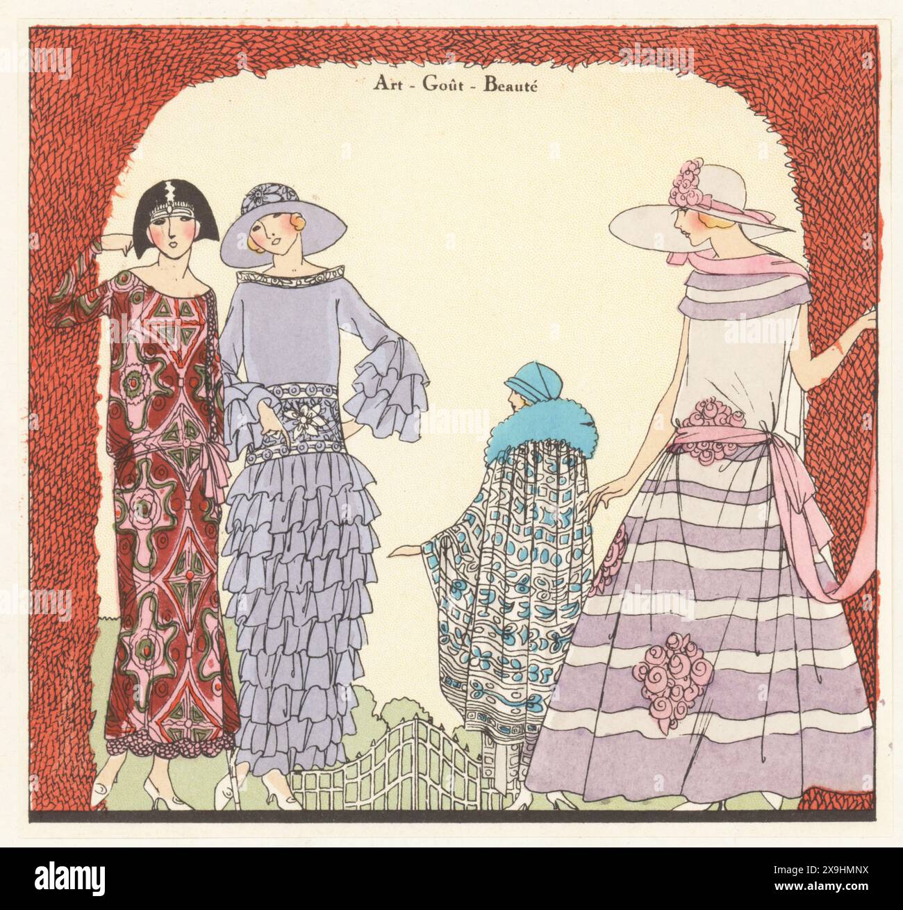 French flappers in designer outfits in a Paris park, 1923. Printed ...