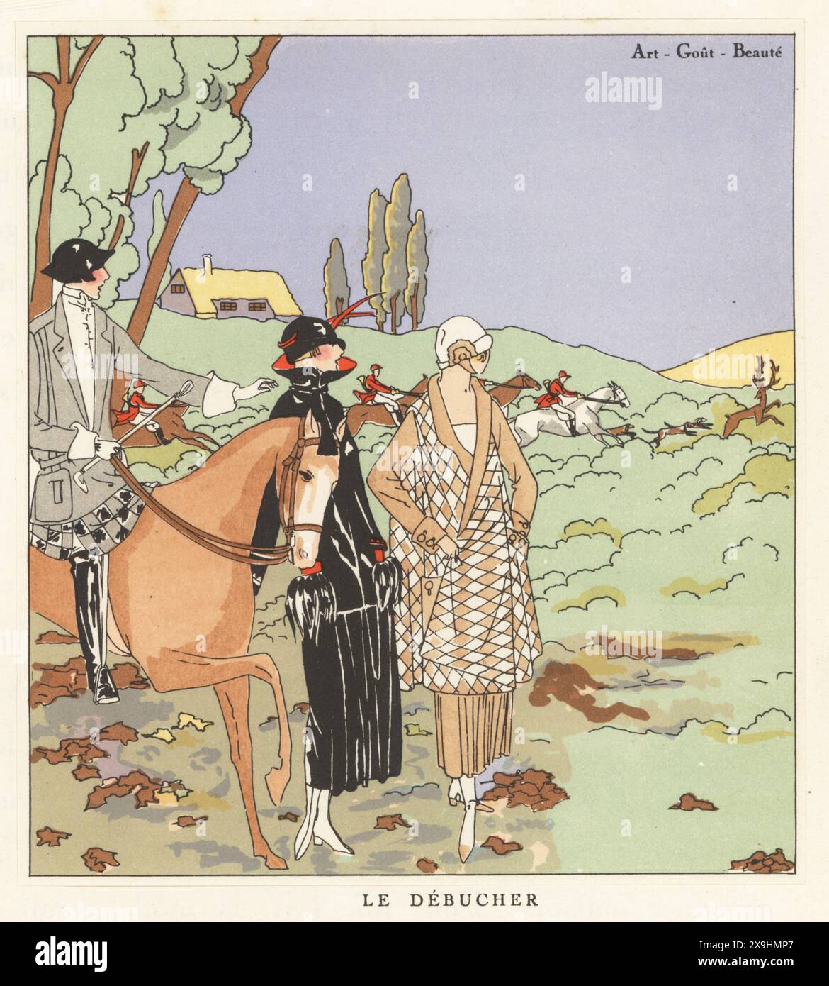 French flappers at a stag hunt in the country, 1923. Hunting outfit in ...