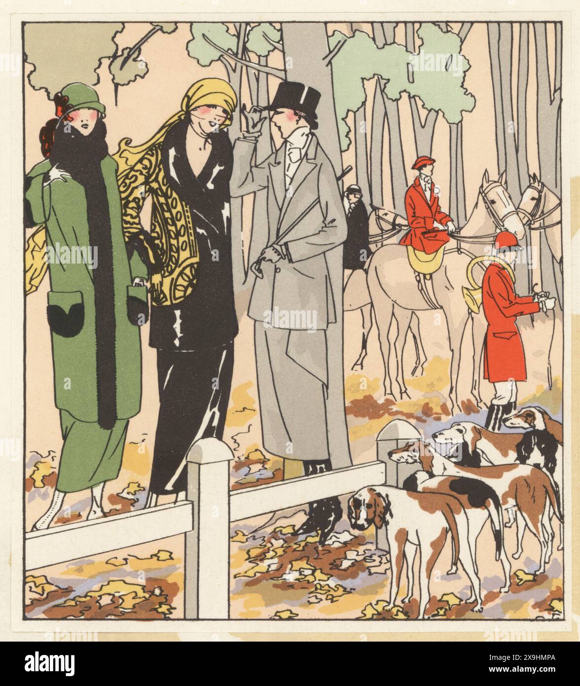 French flappers at a stag hunt in the woods, 1923. Coat and skirt in ...