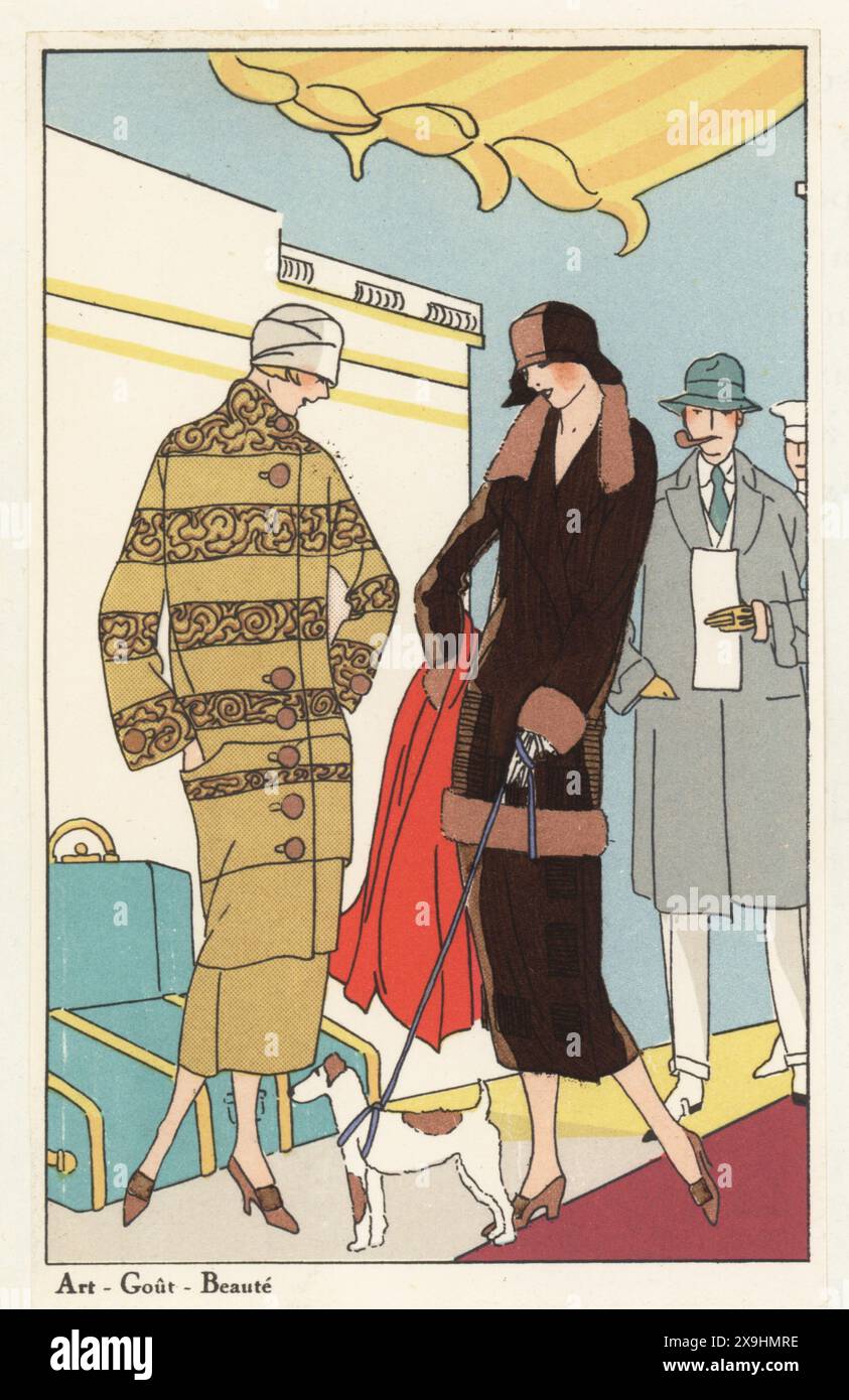 French flappers in travel clothes with luggage, 1924. Stop: travel coat ...