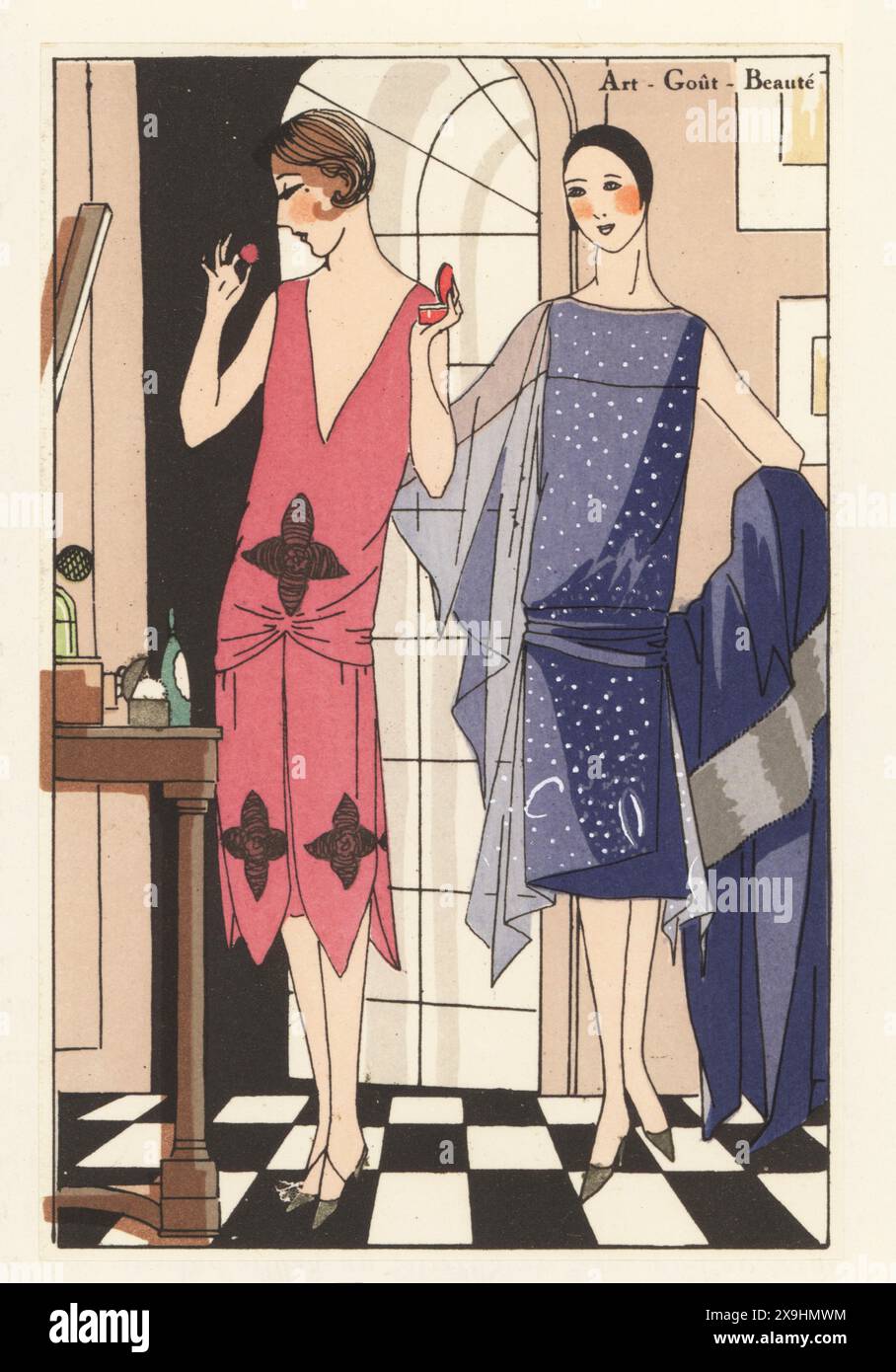 French flappers in short bob hairstyles and luxury gowns, 1926. One ...