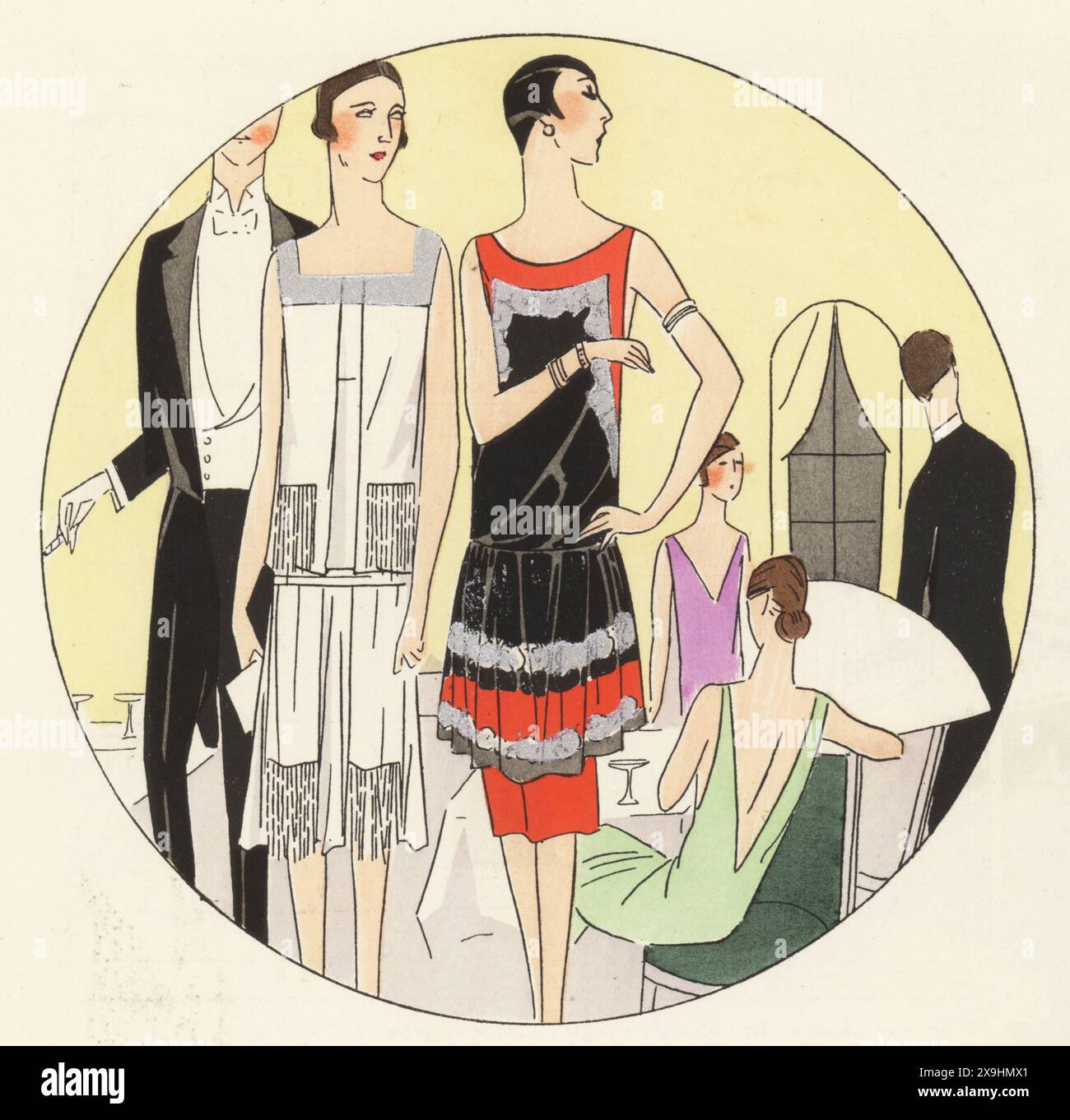 French flappers in short bob hairdos at a swanky lunch event, 1926. Jet ...