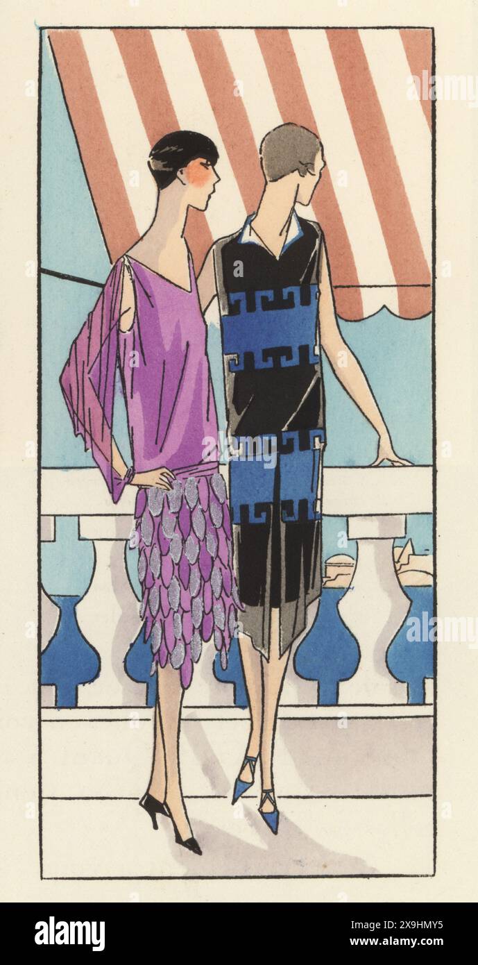 French flappers in short bobs under a canopy on a terrace at the coast ...